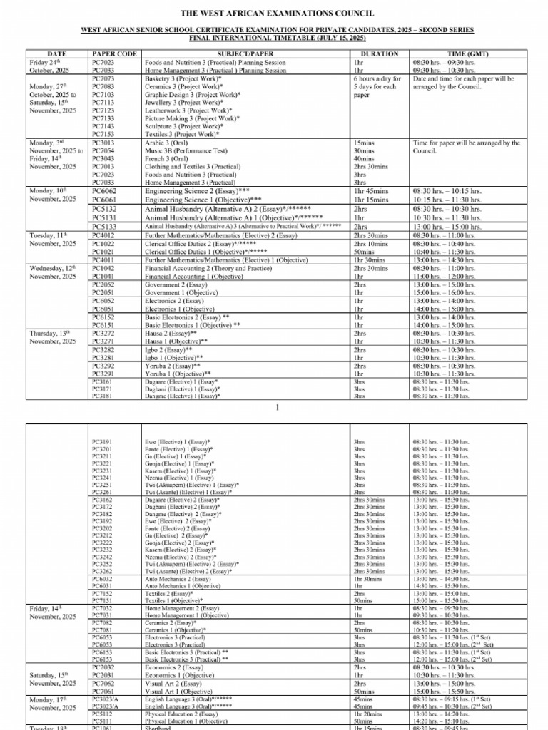 Waec Gce 2025 Timetable | PDF