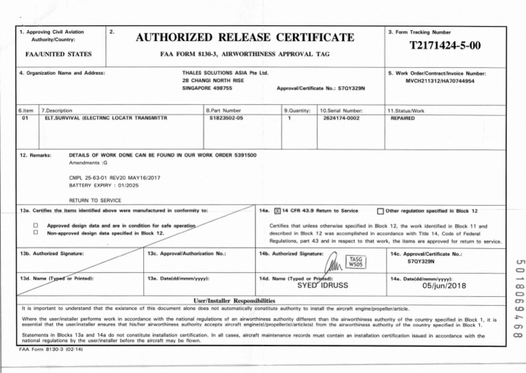 Authorized Release Certificate: Faa/United States Faa Form 8130-3 ...