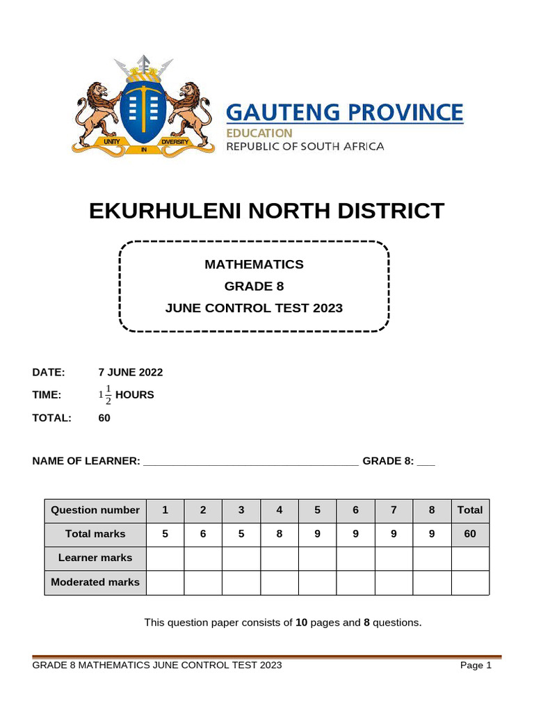 Grade 8 Mathematics June Control Test English QP-1 | PDF | Numbers ...