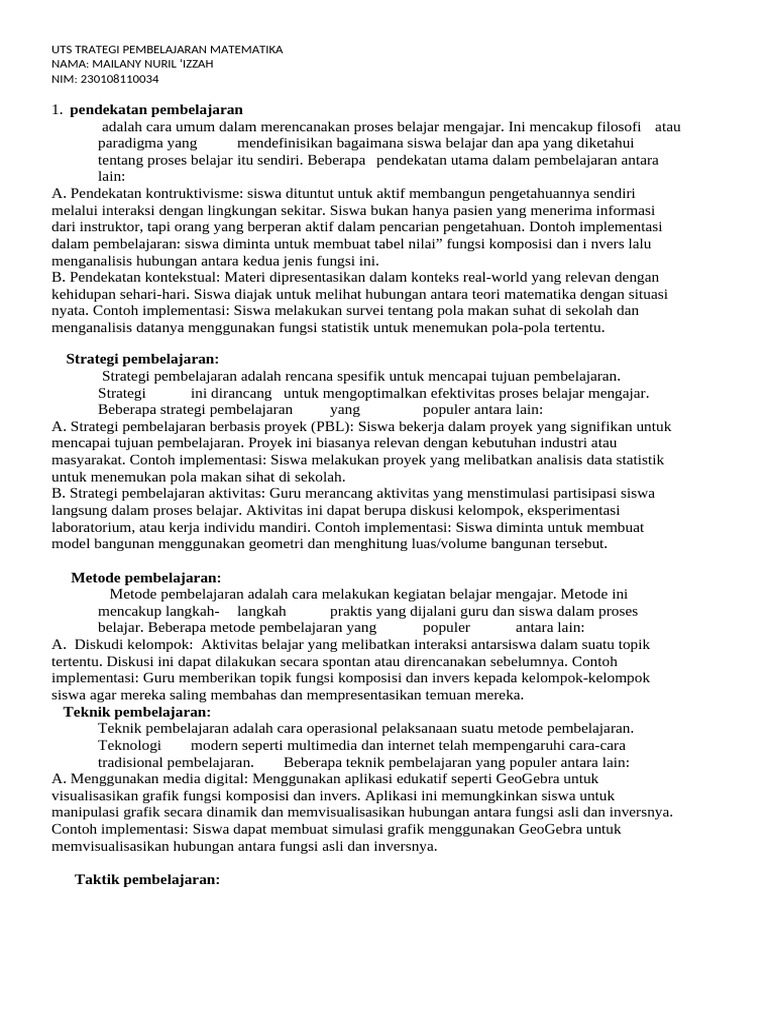 Uts Trategi Pembelajaran Matematika | PDF