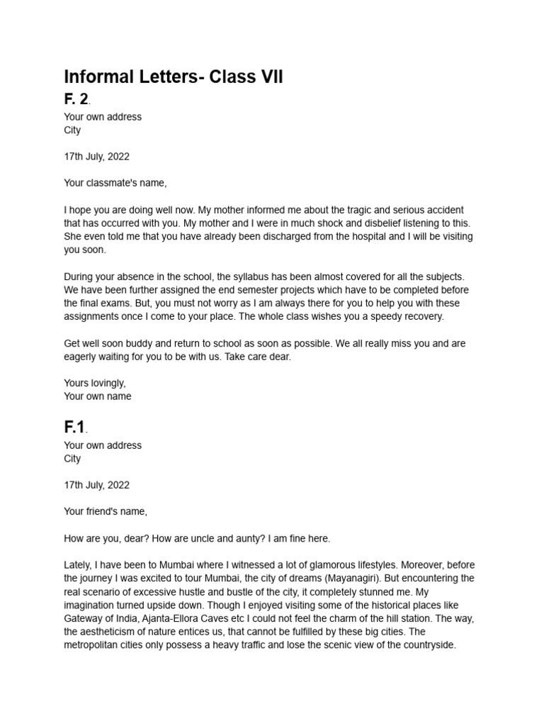 Informal Letter Writing for Class VII | PDF