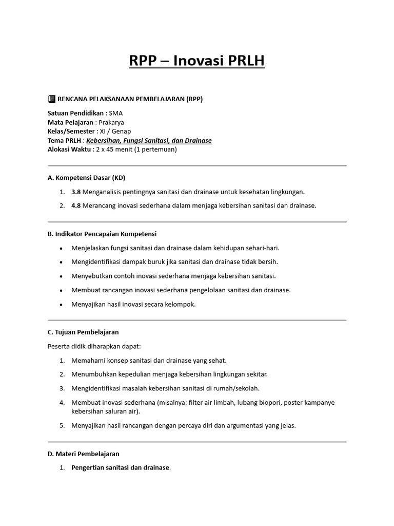 RPP Kebersihan Fungsi Sanitasi Dan Drainase | PDF