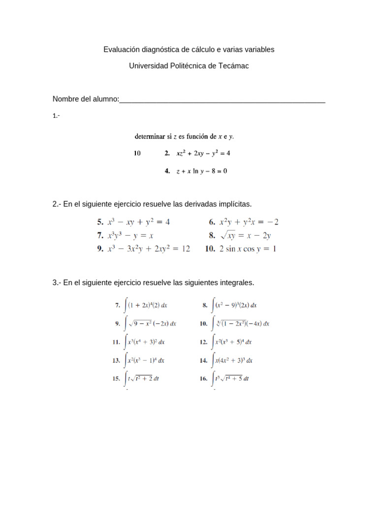 Diagnóstico de Calculo de Varias Variables | PDF