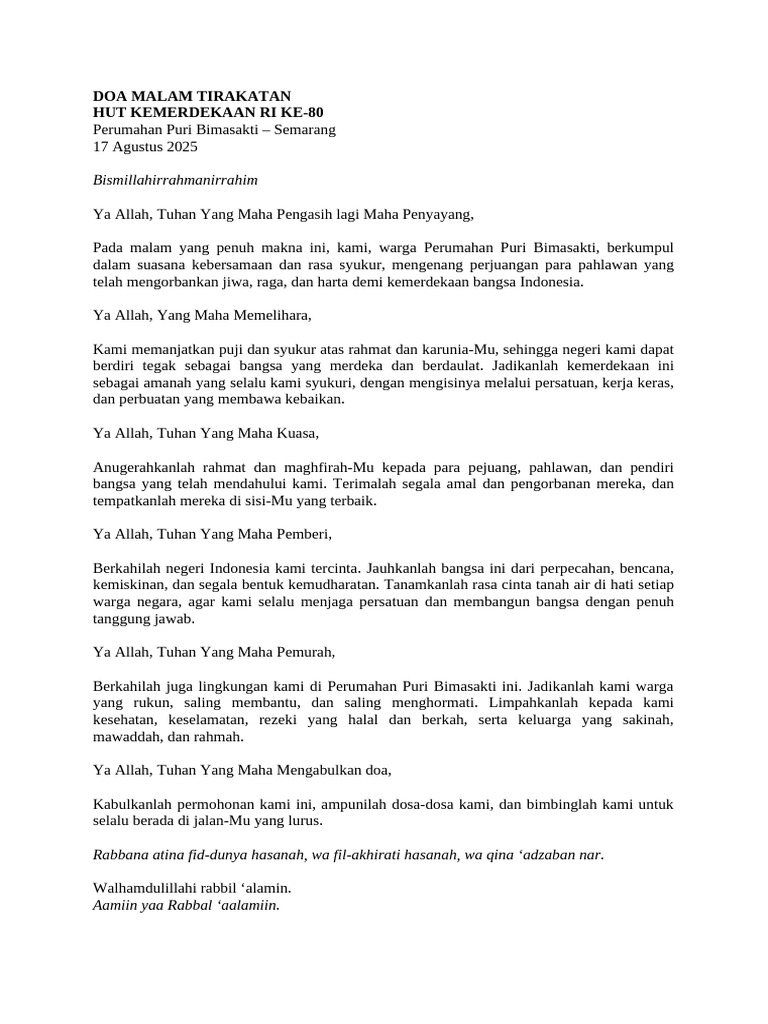 Doa Malam Tirakatan HUT RI Ke-80 | PDF