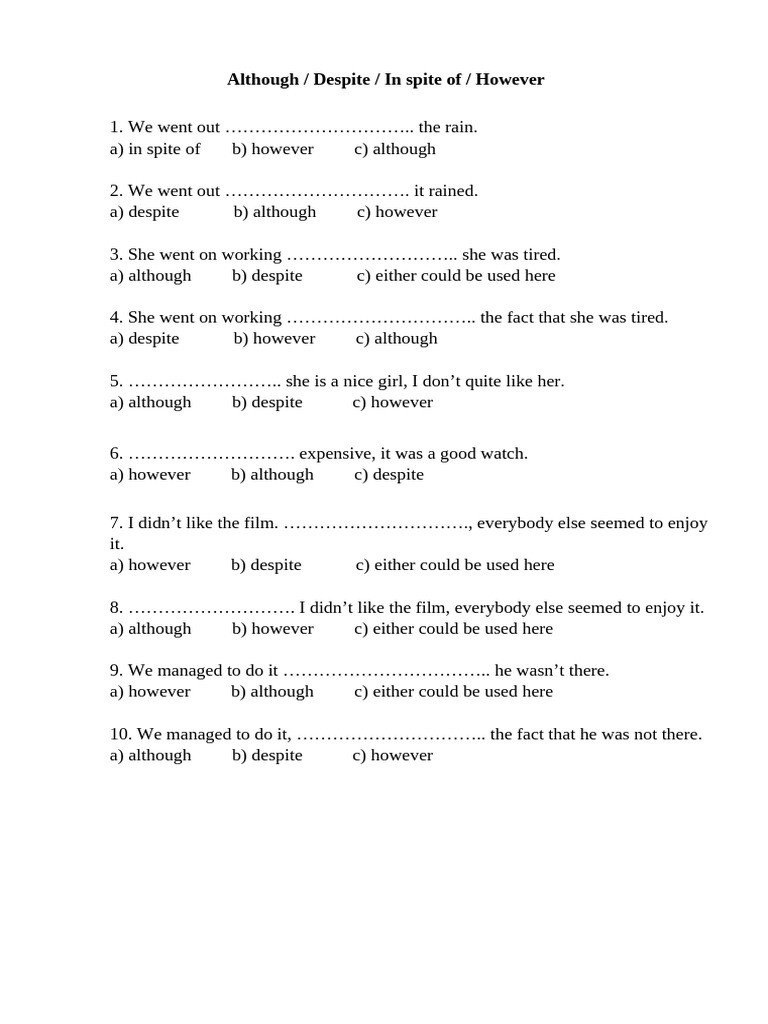 Test - Although, Despite, in Spite Of, However | PDF