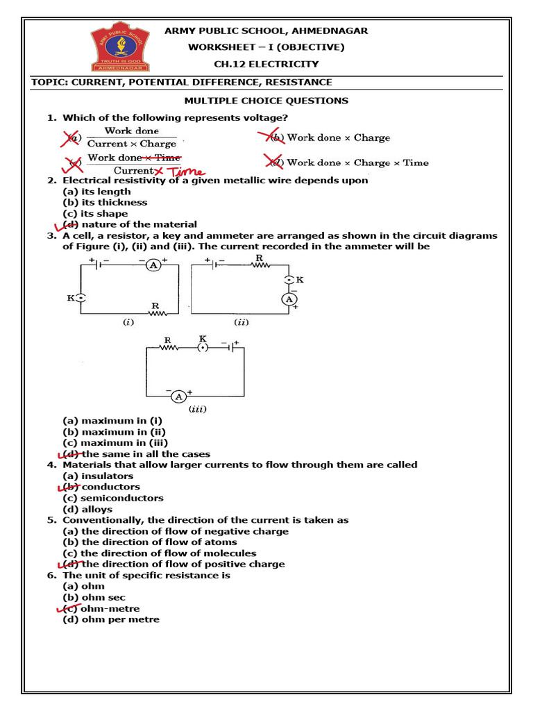 Electricity Worksheet: MCQs & Concepts | PDF | Electric Current ...