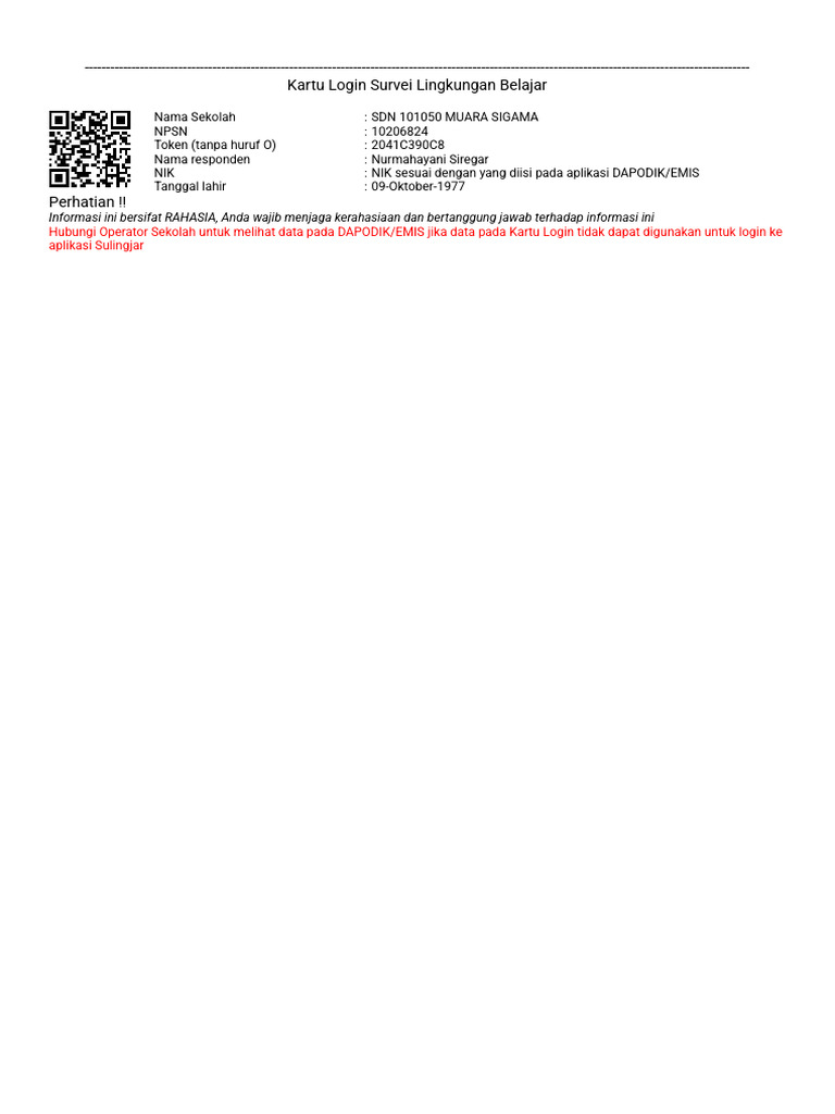 Kartu Login Satuan Nurmahayani Siregar SDN 101050 MUARA SIGAMA | PDF