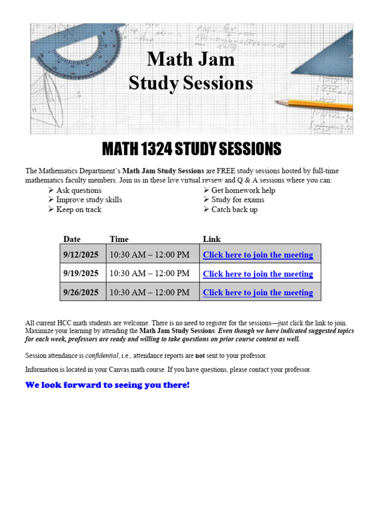 Free Math Jam Study Sessions | PDF
