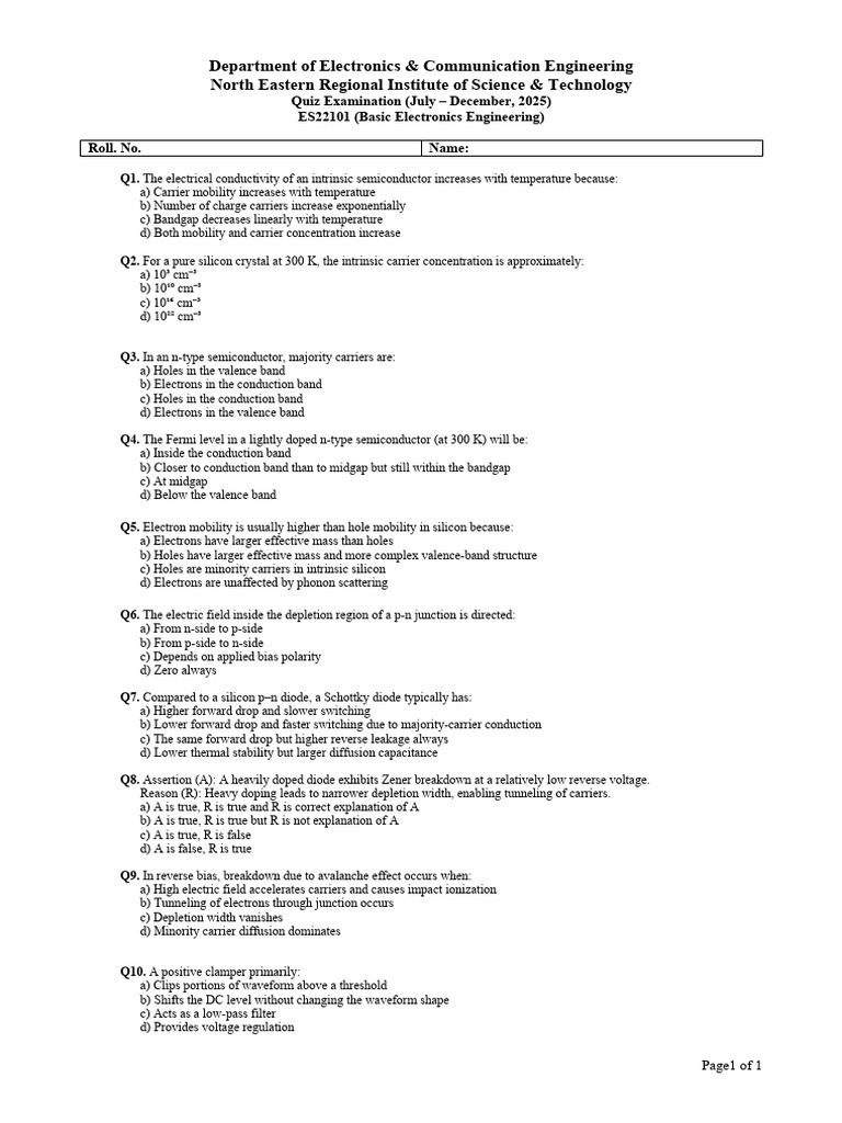 Basic Electronics Engineering Quiz 2025 | PDF | Rectifier | P–N Junction