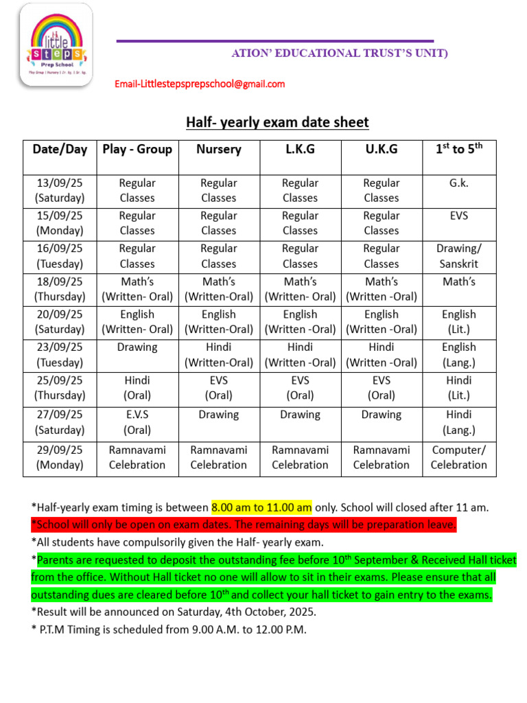Uttarakhand Half-Yearly Exam Schedule 2025 | PDF