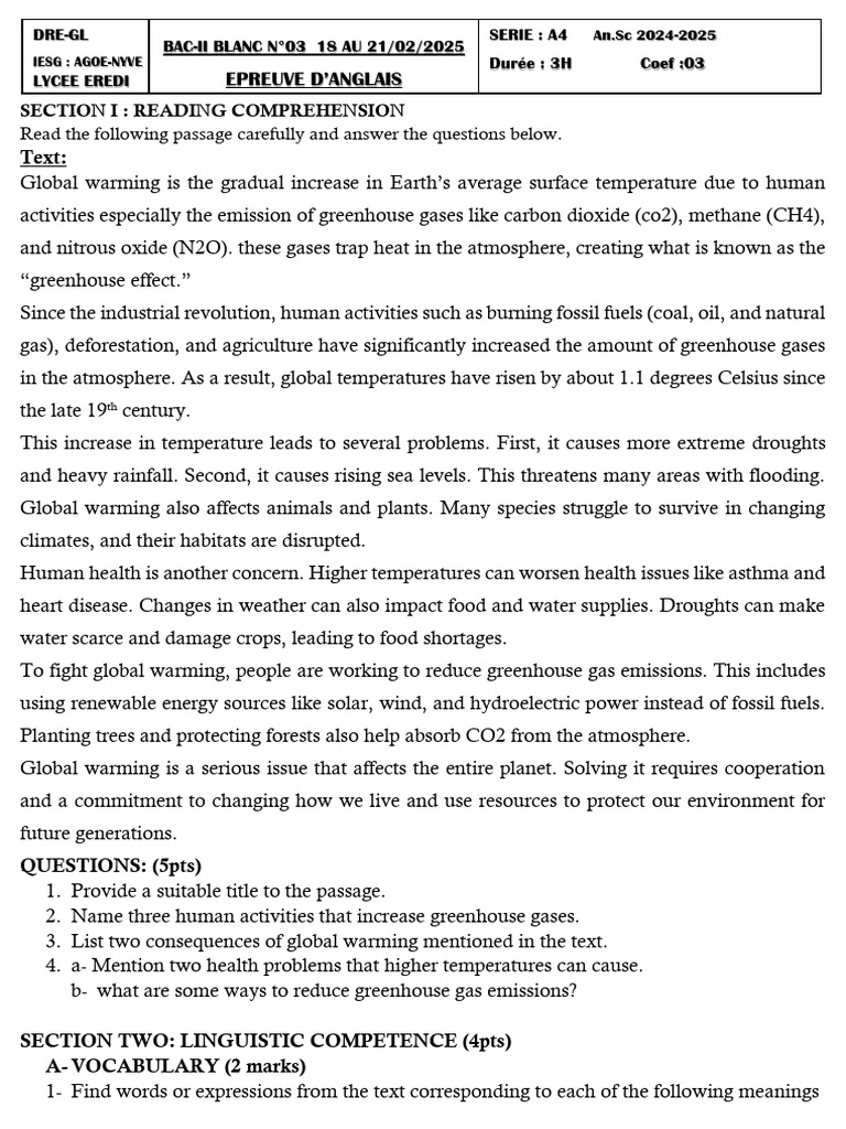 ANG Tle A4 DST N°01 2SEM EREDI24-25 | PDF | Climate Change | Greenhouse Gas