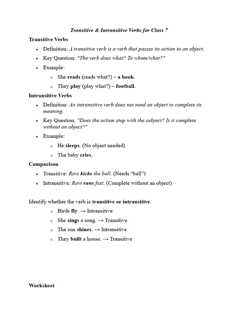 Transitive Intransitive Verbs For Class 7 | PDF | Verb | Linguistic ...
