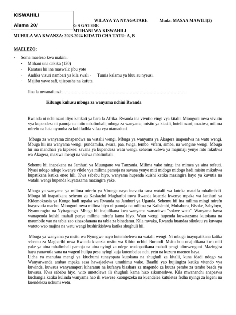 s3 Kiswahili Exam 2023-2024 | PDF