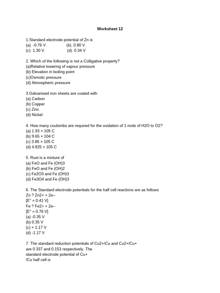 Chemistry Worksheet Class 12 | PDF | Transition Metals | Chemical Reactions