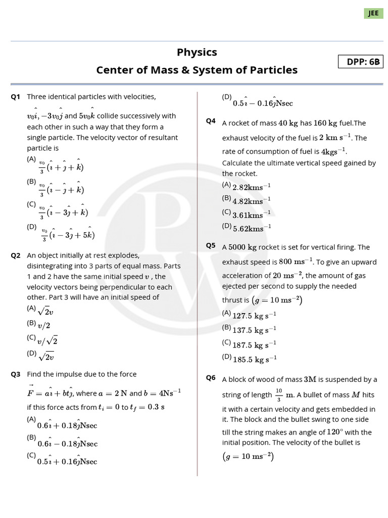 Centre of Mass & System of Particles DPP 06B | PDF | Rocket | Mass