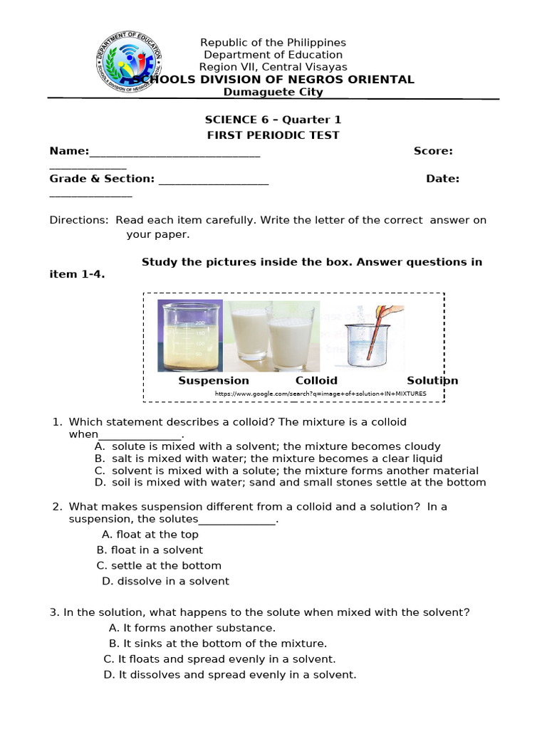 Science 6 First Periodic Test: Mixtures | PDF | Mixture | Filtration