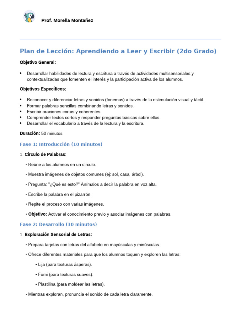 Lección de Lectura y Escritura 2do Grado | PDF | Aprendizaje ...