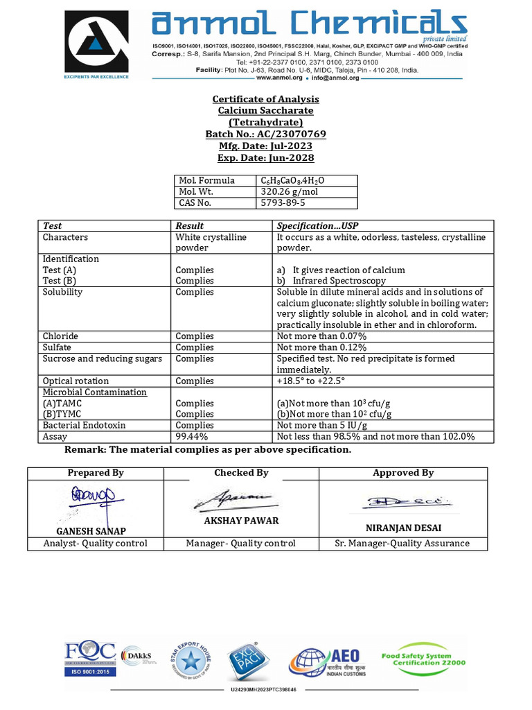 Calcium Saccharate Tetrahydrate Analysis | PDF | Solubility | Chemical ...
