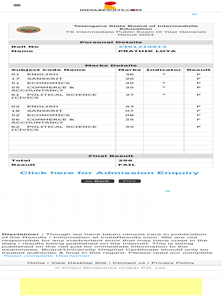 Bie-Telangana TS Intermediate Public Exam (II Year General) Result 2024 | PDF