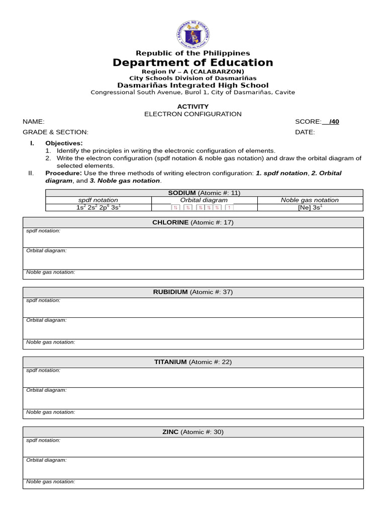Electron Configuration Activity Sheet | PDF | Electron Configuration ...