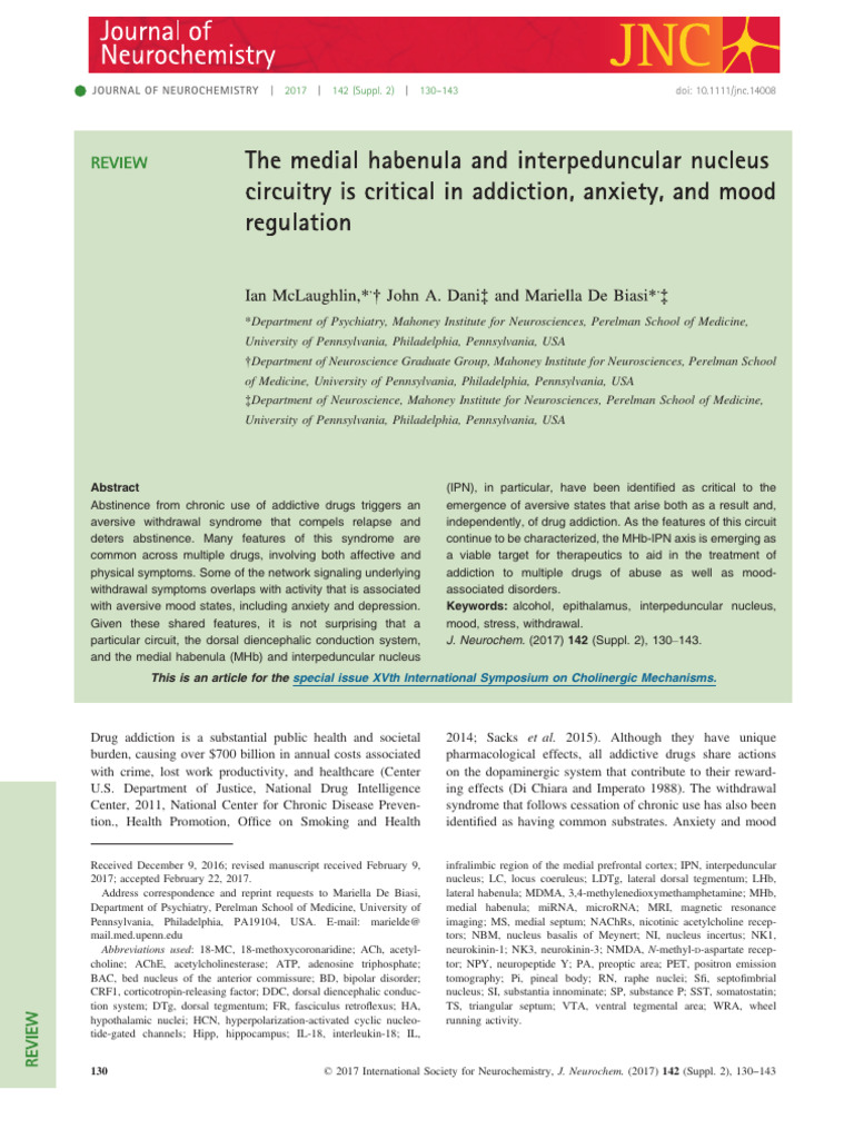 Journal of Neurochemistry - 2017 - McLaughlin - The Medial Habenula and ...