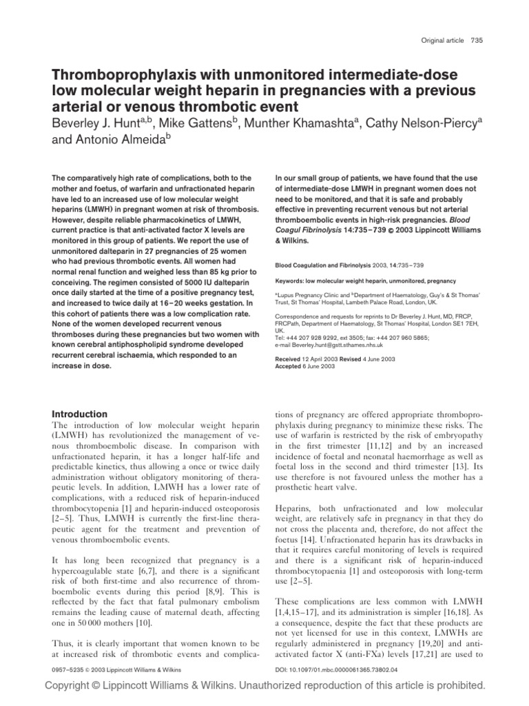 Thromboprophylaxis With Unmonitored Intermediate-Dose Low Molecular ...