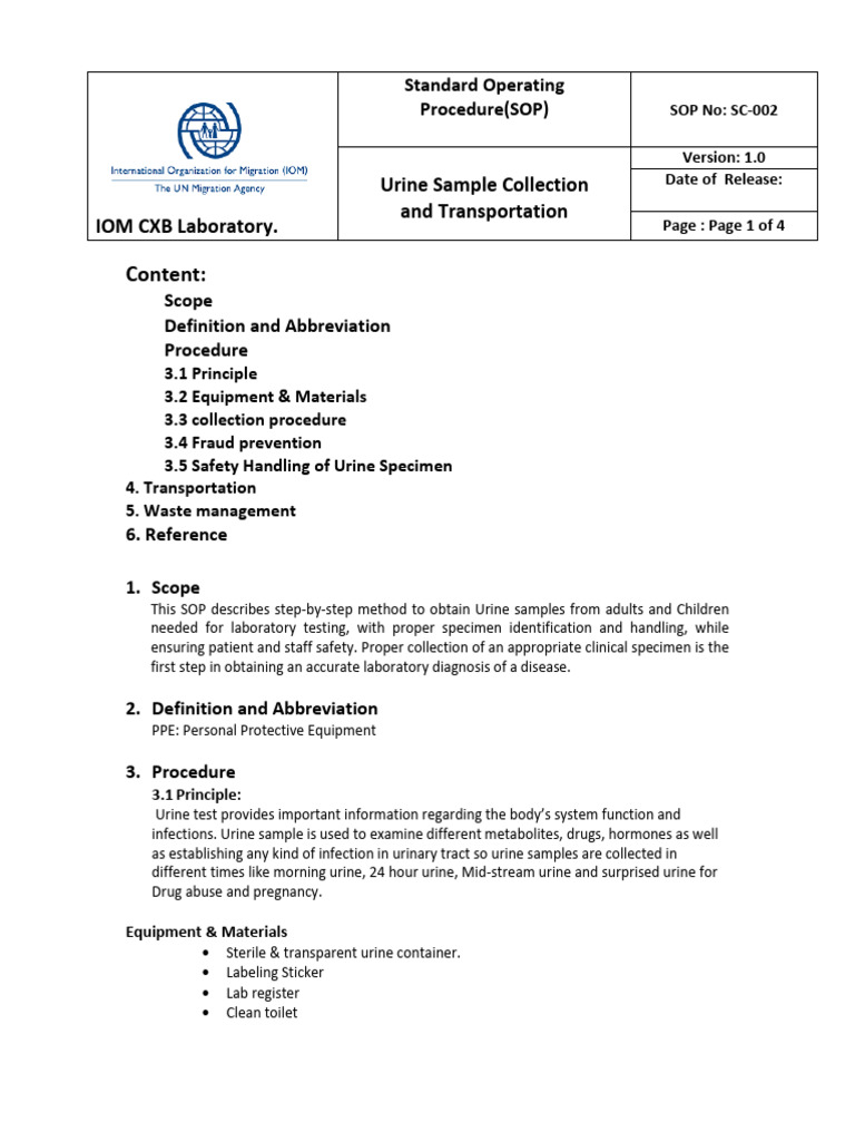 24-Hour Urine Sample Collection SOP | PDF | Urine | Hand Washing