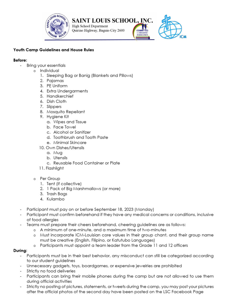 Youth Camp Guidelines and Team Masterlist | PDF