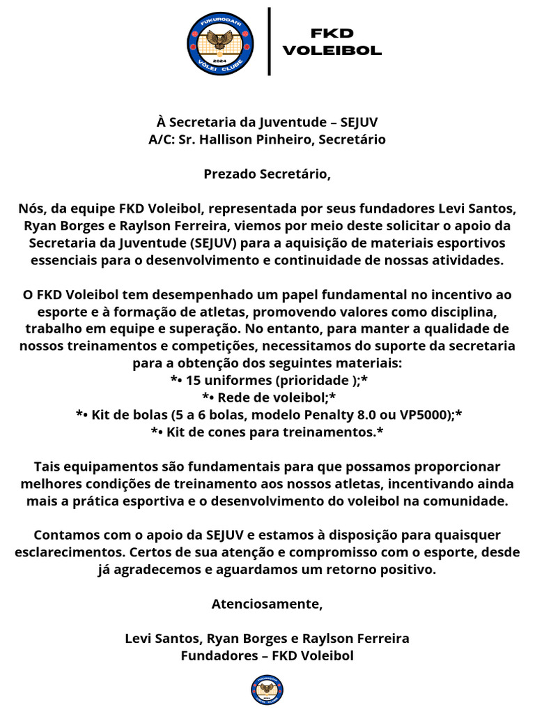 Solicitação de Apoio para FKD Voleibol | PDF
