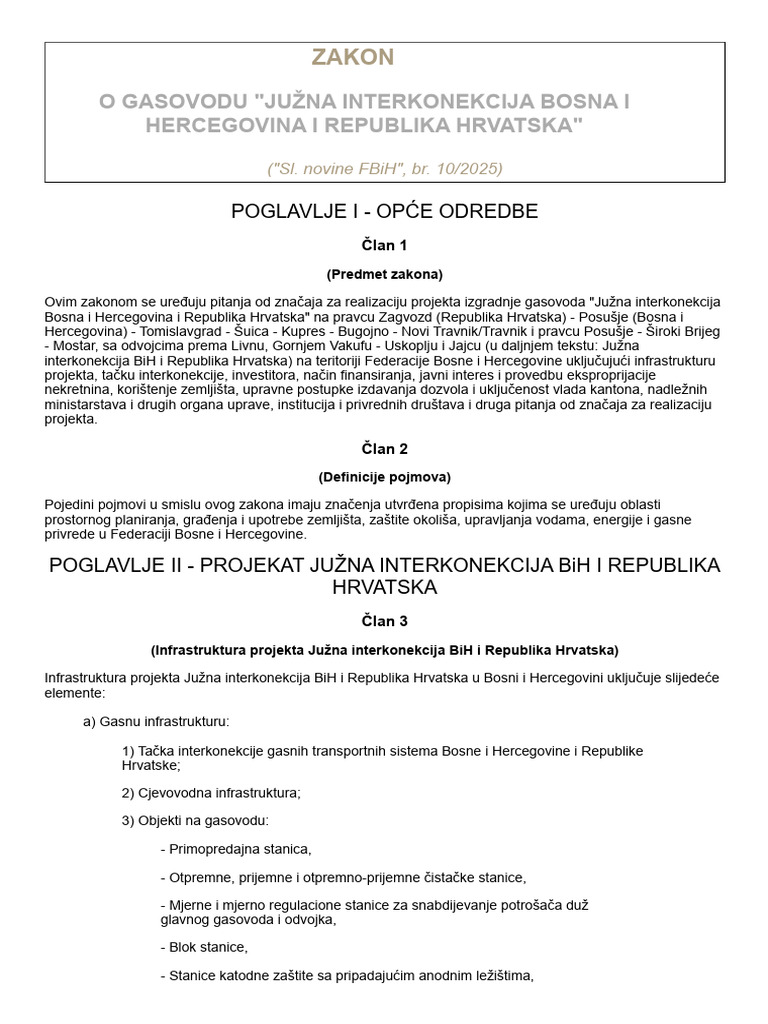 Zakon o Gasovodu Južna Interkonekcija BiH I Republika Hrvatska FBiH 20 ...