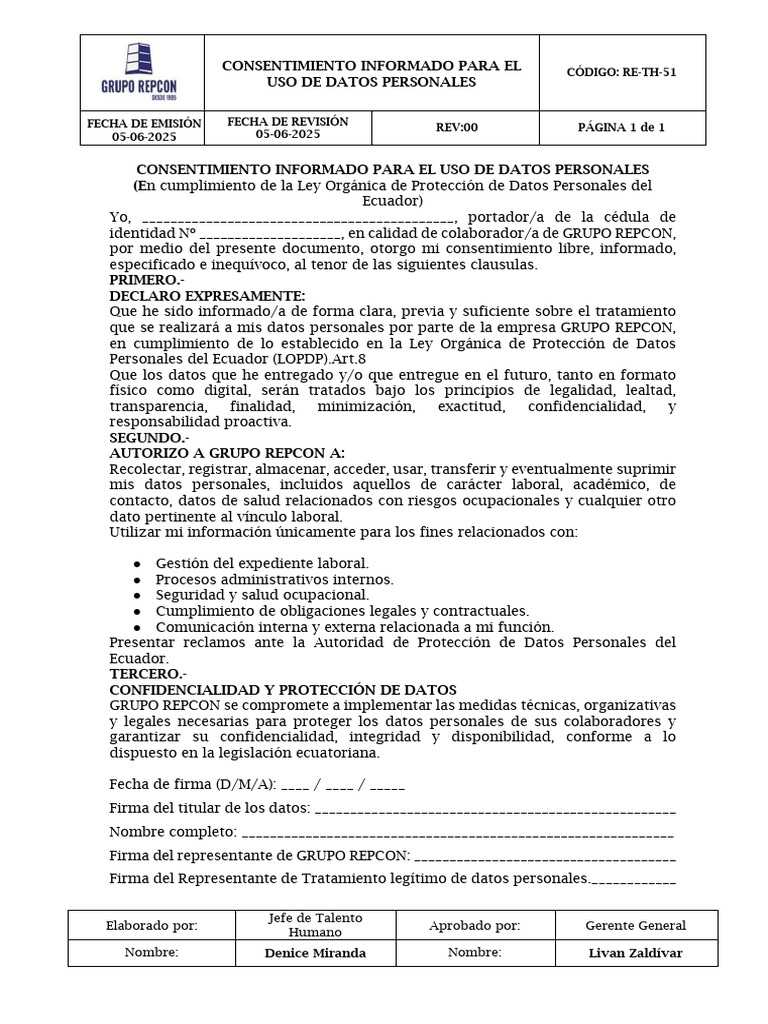 Re-th-51 Consentimiento Informado Para El Uso de Datos Personales (1) | PDF | Consentimiento ...