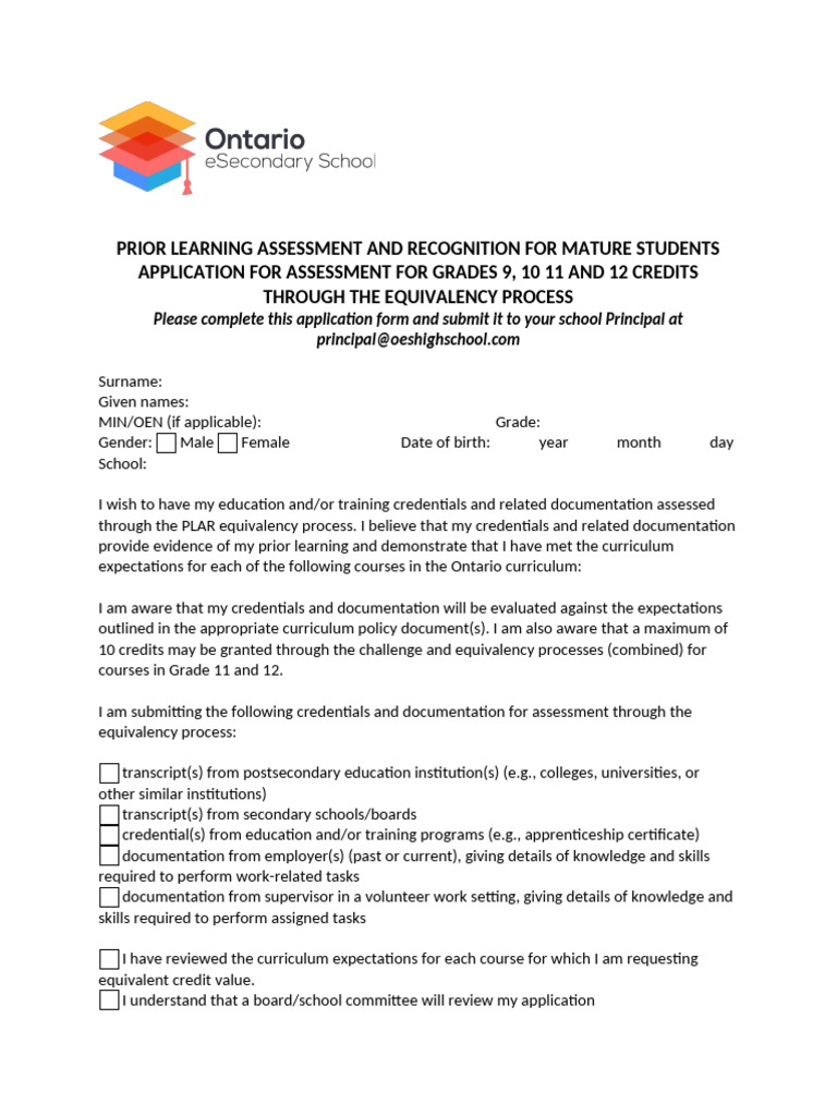 PLAR Application for Mature Students | PDF