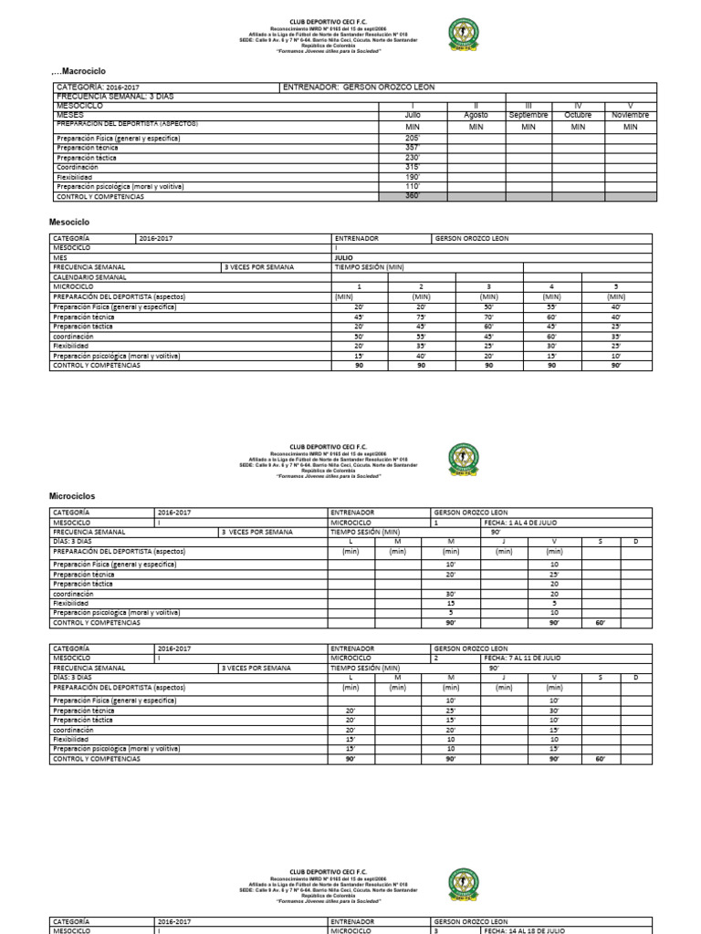 Plan de Entrenamiento Ceci F.C. 2016-2017 | PDF | Asociación de Futbol ...