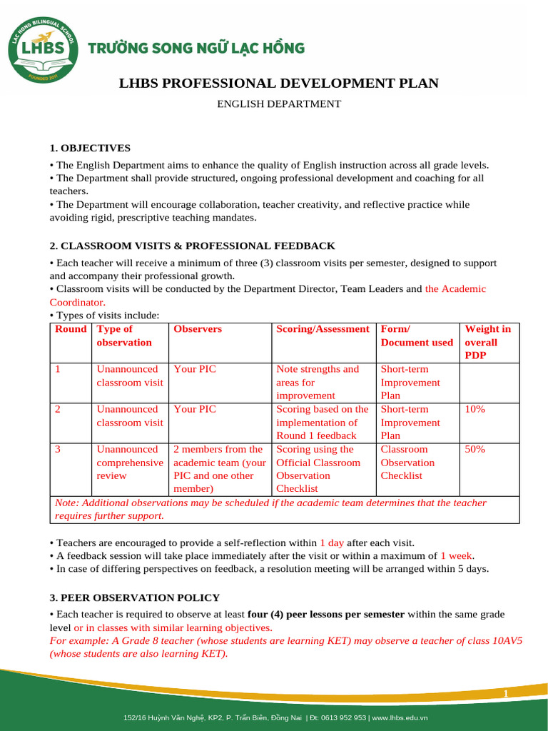 LHBS English Department Development Plan | PDF | Teachers | Classroom