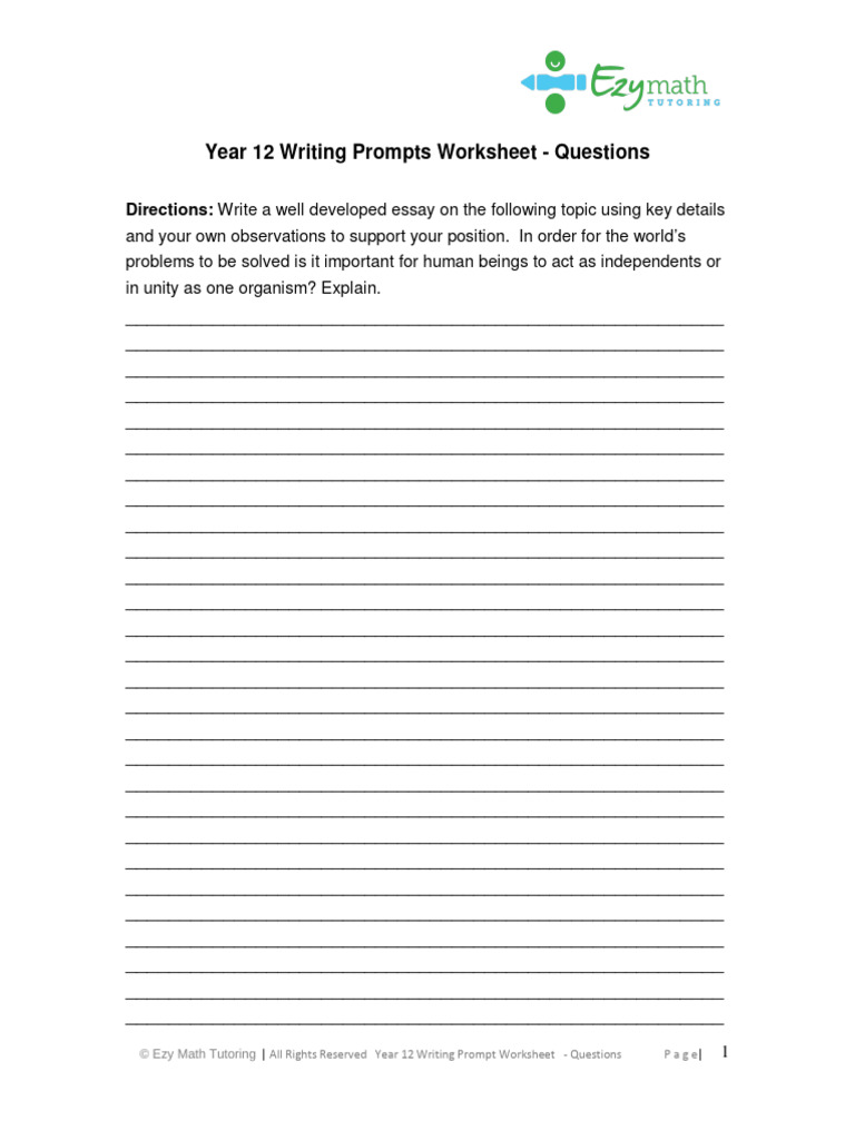 Year 12 Writing Prompts Worksheet Questions | PDF