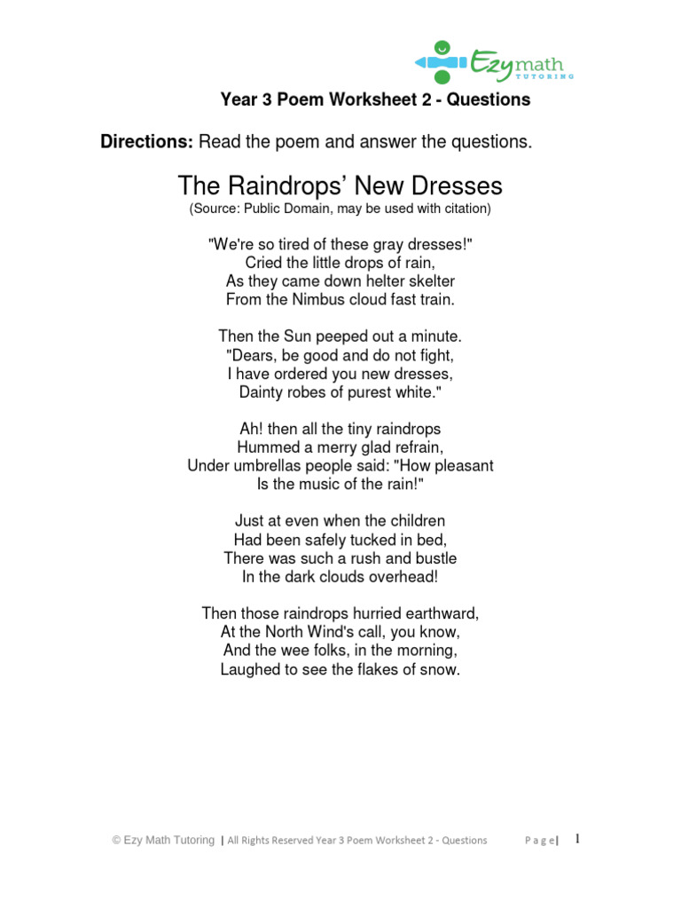 Year 3 Poem Worksheet 2 Questions | PDF