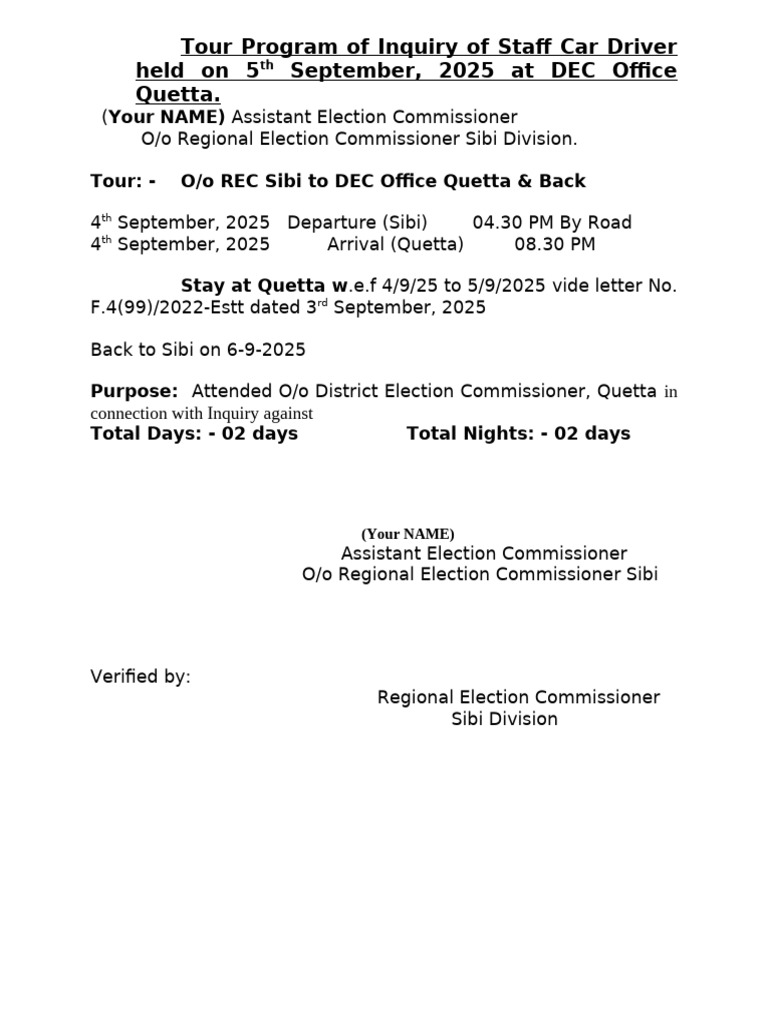 Staff Car Driver Tour Program Quetta | PDF