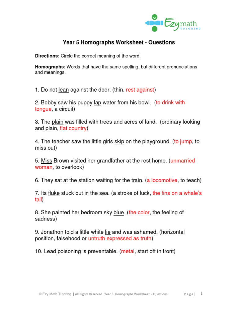Year 5 Homographs Worksheet Answers | PDF