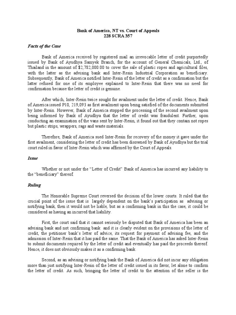 Facts of The Case: Bank of America, NT vs. Court of Appeals 228 SCRA ...