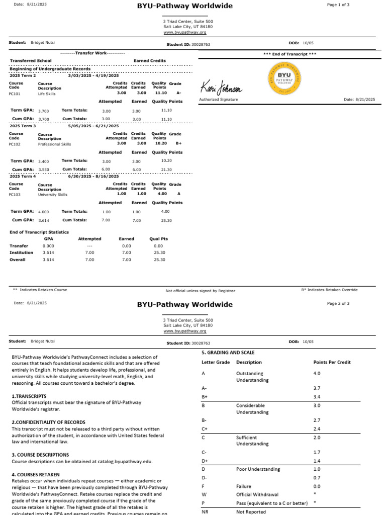 BYU-Pathway Worldwide Official Transcript | PDF | Higher Education ...