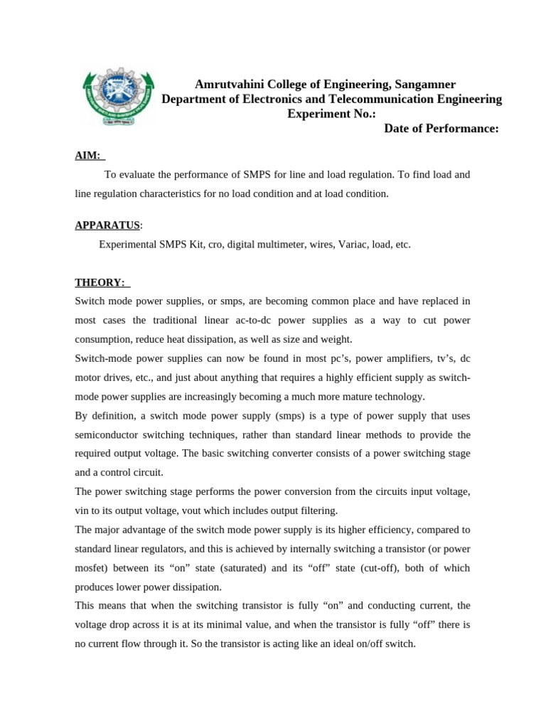 SMPS Line and Load Regulation | PDF | Power Supply | Inductor