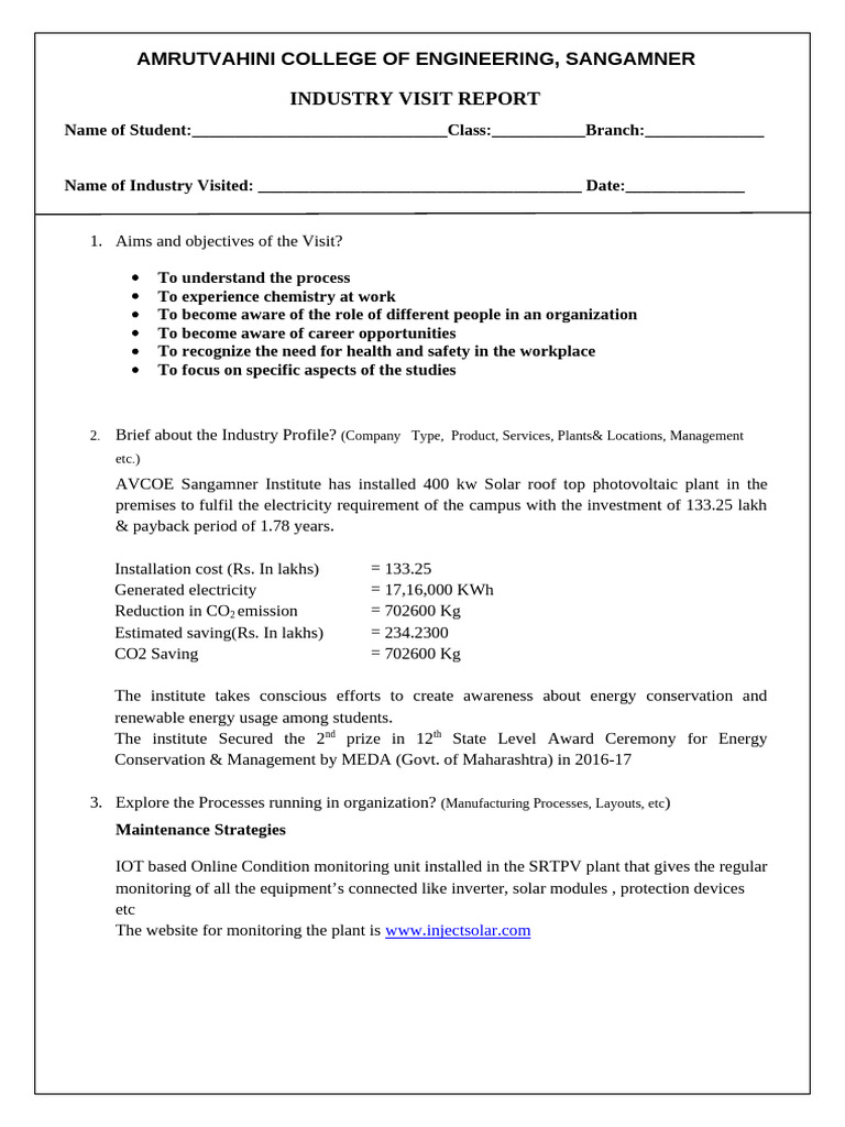 11-Industrial Visit Report by Students | PDF | Photovoltaic System ...
