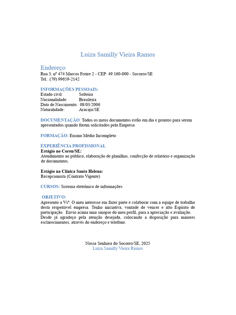 Currículo de Luiza Samilly Ramos | PDF