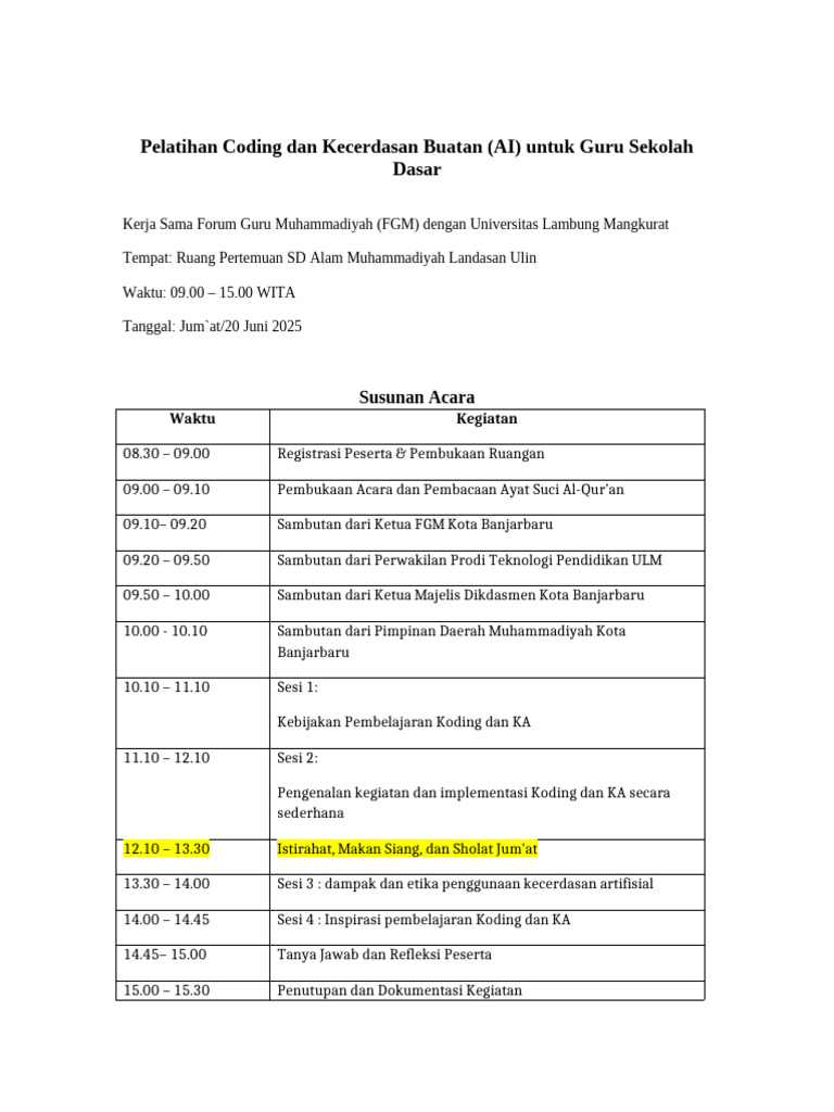 Susunan Acara KODING Dan AI FGM Banjarbaru - editTP | PDF