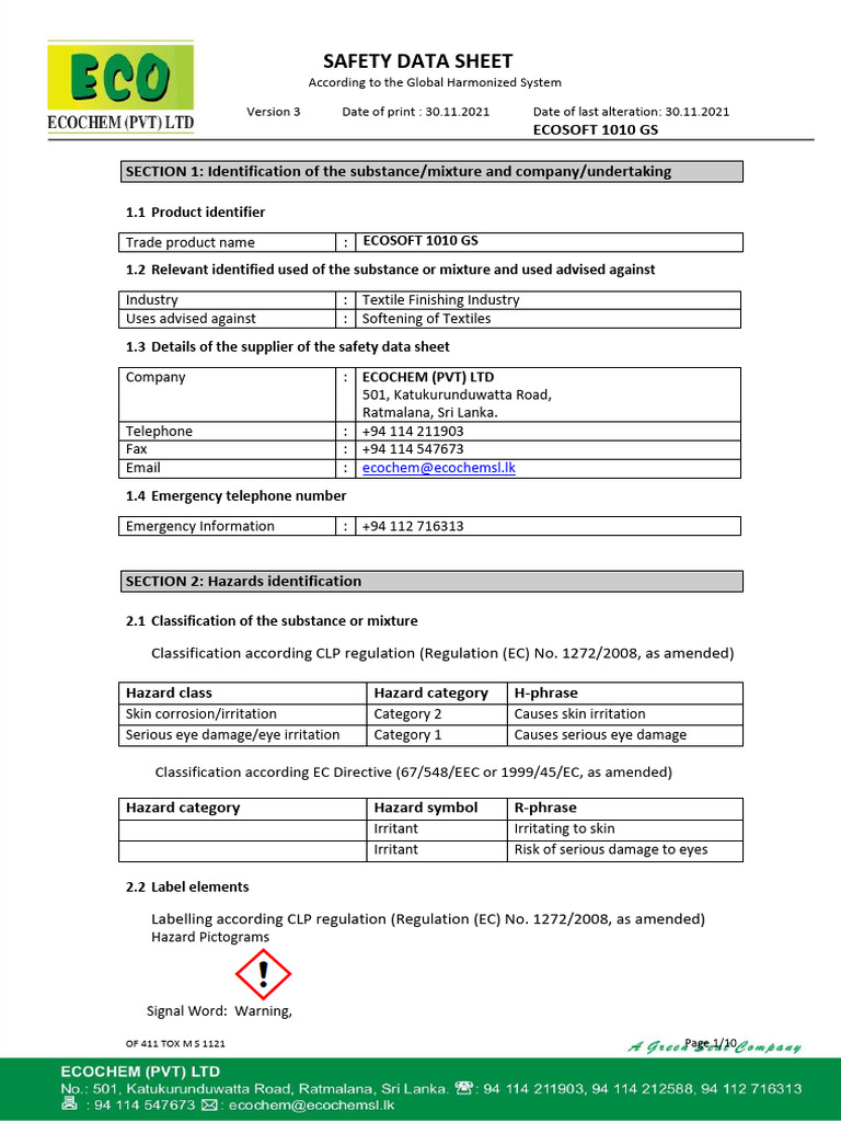 Ecosoft 1010 Gs-sds | PDF | Toxicity | Dangerous Goods