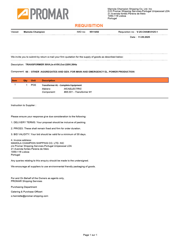 Mamola Champion Supply Requisition V-25-CHAM-0125-1 | PDF
