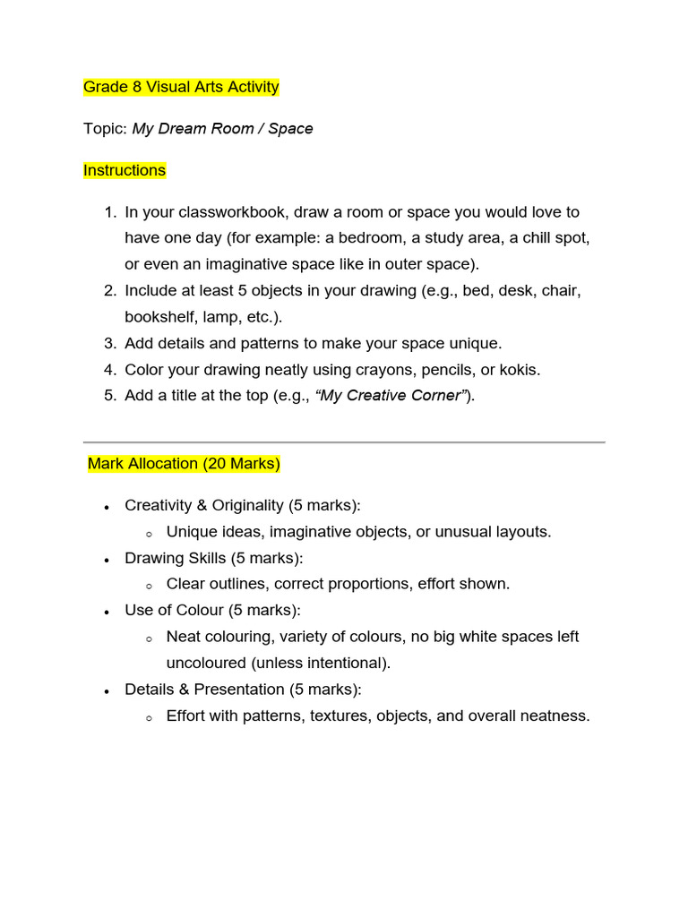 Grade 8 Visual Arts Activity Dream Space | PDF