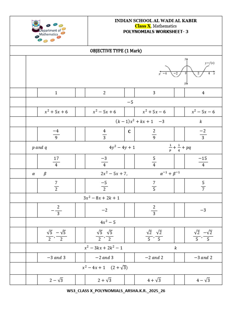 5719131-CL 10 - WS - Math - Polynomials - Arsha.k.r. - 2025 - 26 | PDF | Polynomial | Zero Of A ...