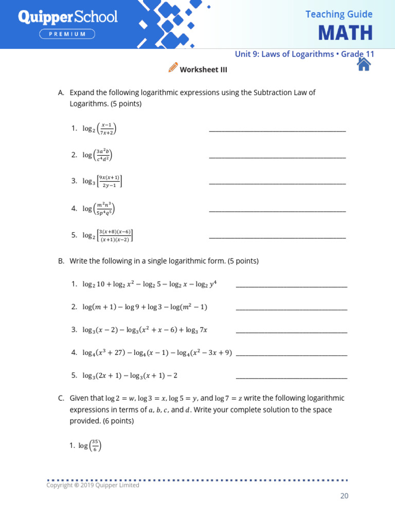 Laws of Logarithms Worksheet | PDF | Chess | Chess Theory