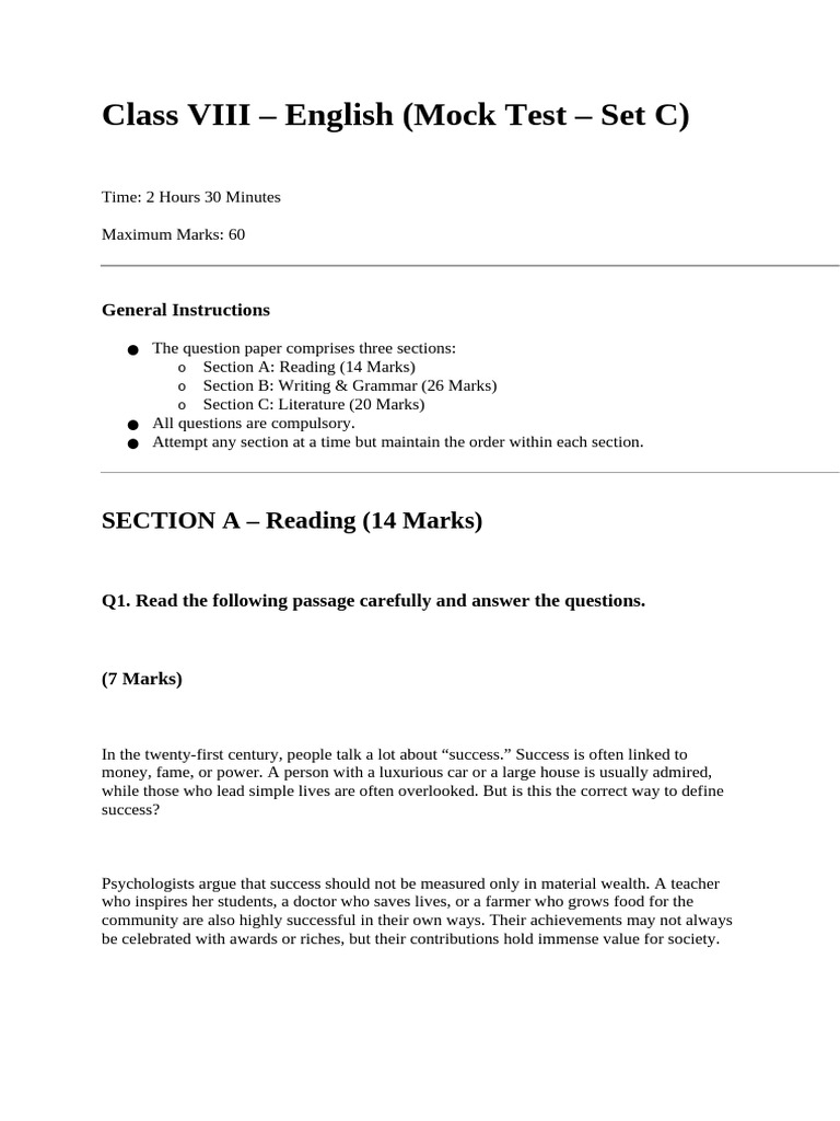 Class VIII English Mock Test Set C | PDF